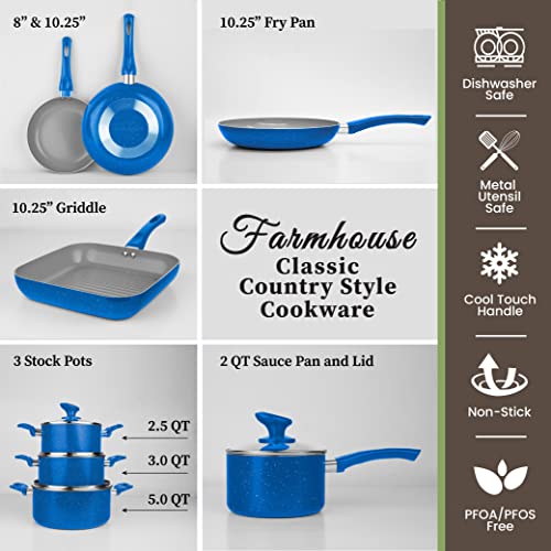 Granitestone Pots and Pans Set Nonstick, 13 Piece Complete Kitchen Cookware Set, Includes Nonstick Pots and Pans Set with lids & Grill Pan, Dishwasher Safe, Healthy and 100% PFOA Free โ Blue