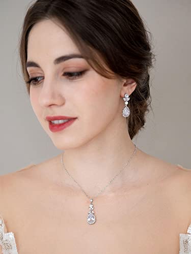 SWEETV Wedding Jewelry for Bride, Silver Teardrop Cubic Zirconia Necklace Earrings Set, Bridal Jewerly Set for Wedding Porm