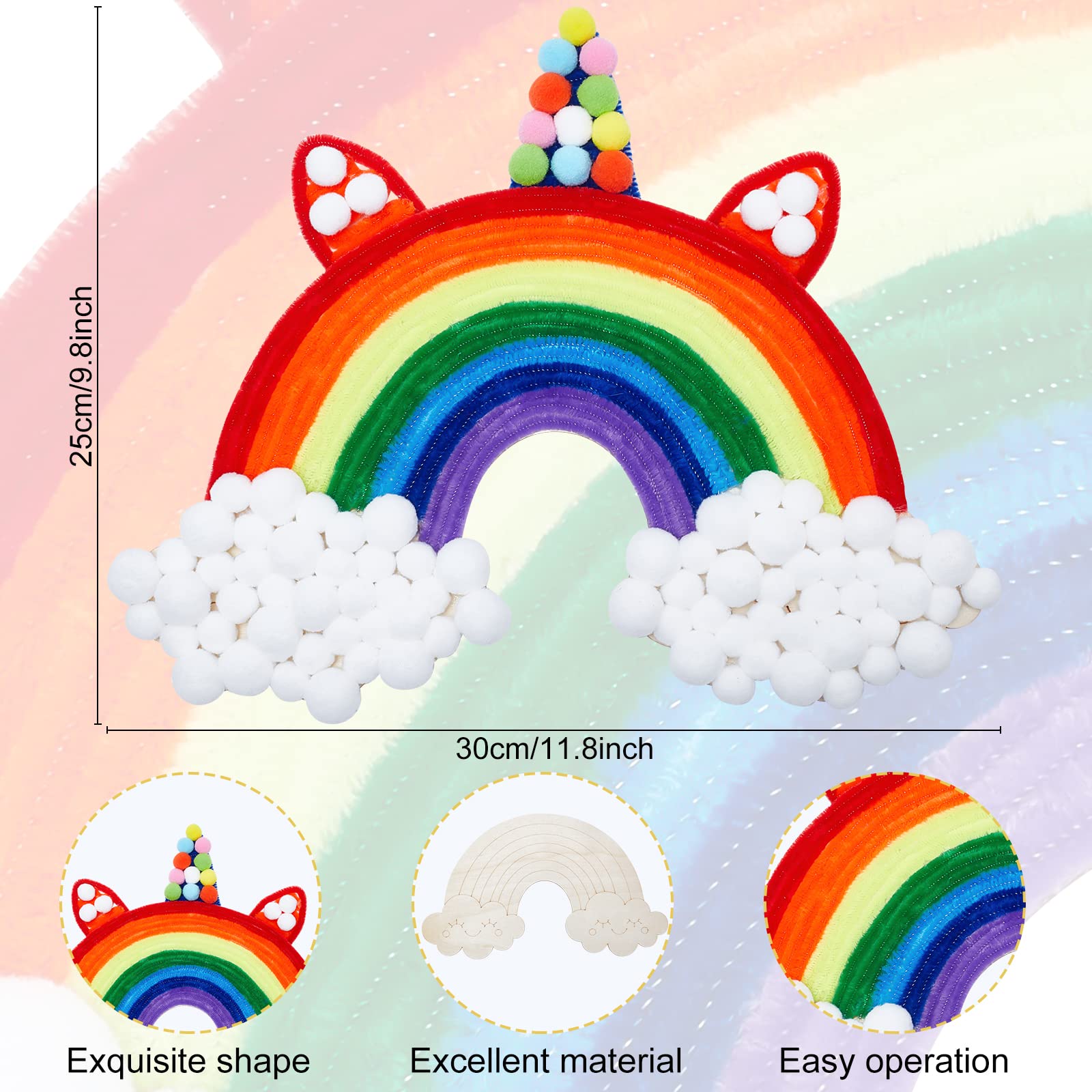 FREEBLOSS 4 Set Wooden Rainbow DIY Craft Art Supply Kits with Craft Cleaners and Foam Pom Poms, Projects Crafting Activity