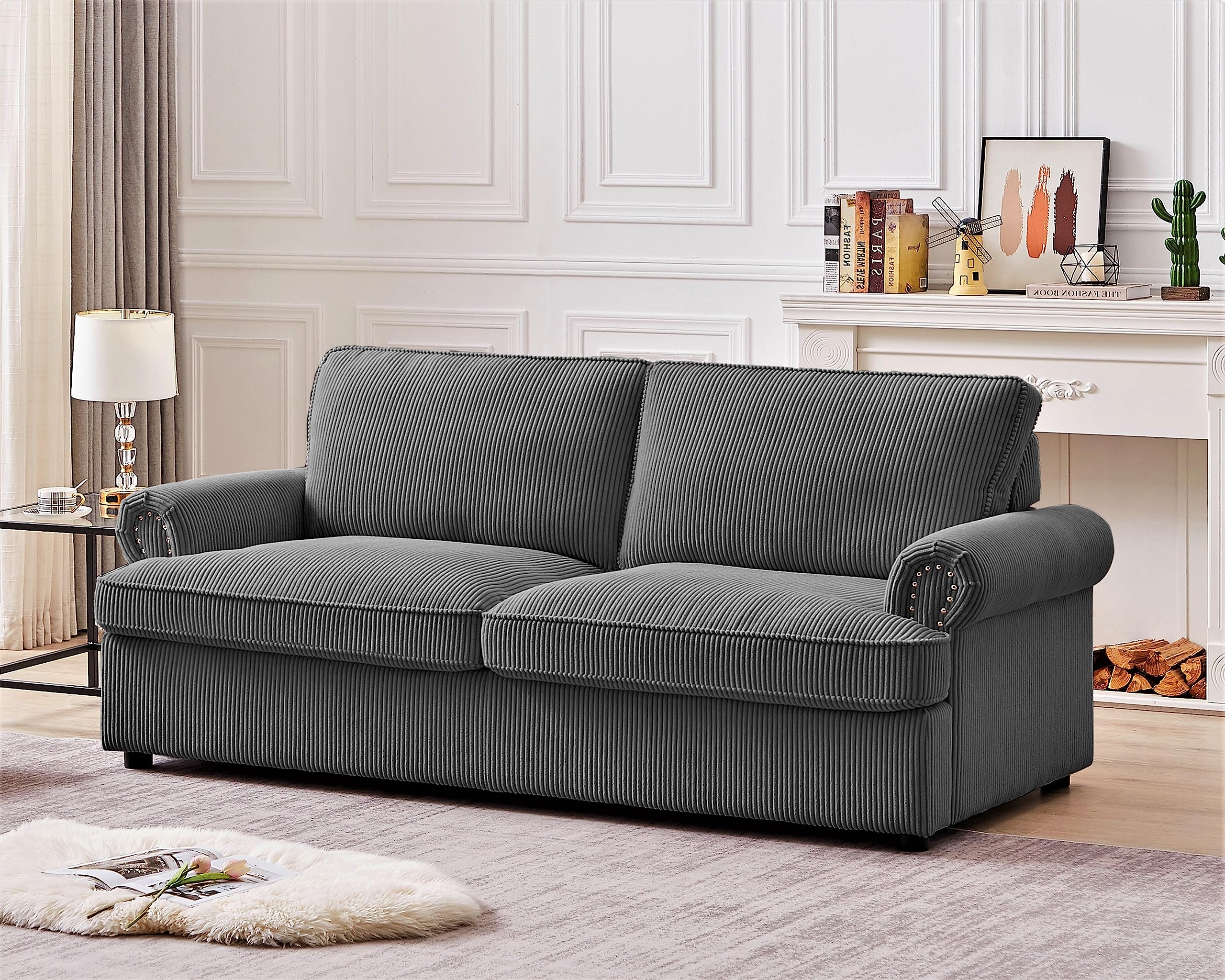 Container Furniture Direct Reversible Sleeper Sofa with Memory Foam Mattress, Comfortable and Durable Full Size Bed Couch for Living Rooms, Upholstered with Corduroy Fabric, 70" Wide, Grey