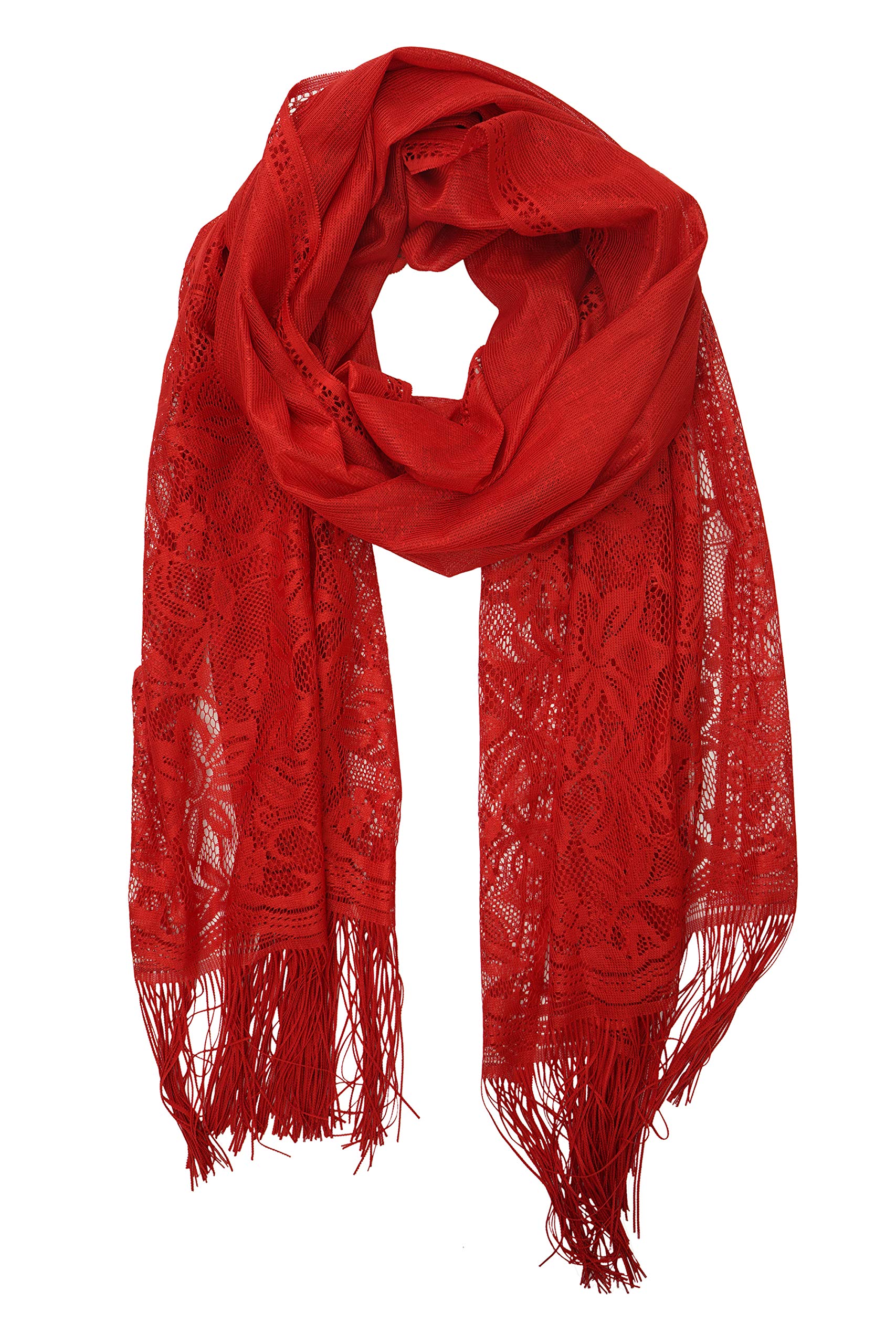 YOUR SMILE Ladies/Women's Lightweight Solid Color Fringe Lace Tassels Long Shawl Scarf For Spring Summer Fall (Red)