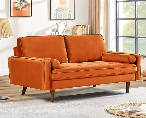 Container Furniture Direct Velvet 58" Loveseat Sofa Couch for Living Room, Classic Mid-Century Style with Modern Silhouette, Button Tufting and Wood Legs, Includes 2 Bolster Pillows, Orange
