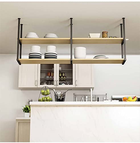 Guuurrrg Ceiling Mount Shelf Nordic Wrought Iron Ceiling Shelf, 2 Tier Ceiling Mounted Storage Shelf Wine Rack, Bar Restaurant Hanging Decorative Flower Stand, Easy to Install (Black 80 x 30 x 80cm)