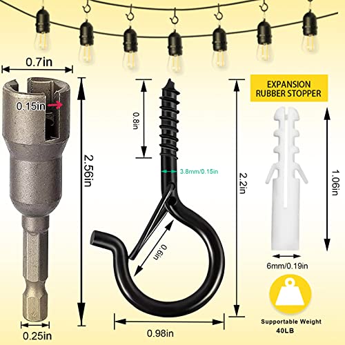 Hooks for Outdoor String Lights, 52 Pack Screw Hooks for Hanging Plants Led Party Lights Garage Wind Chimes, Black Heavy Duty Q Hanger Ceiling Cup Hooks with Safety Buckle, Box and Wing Nut Driver