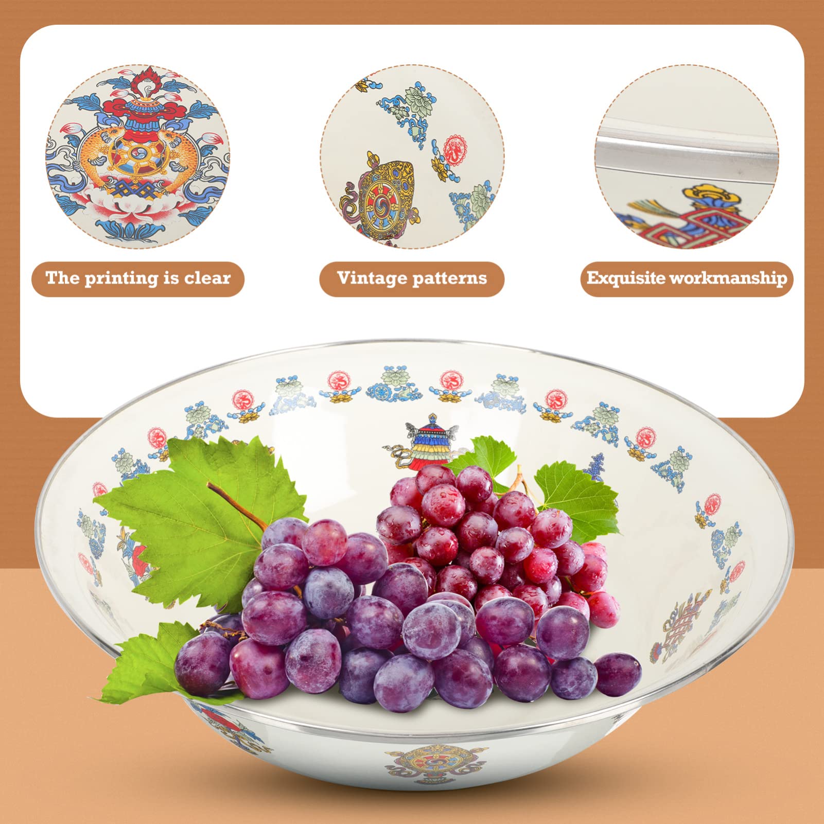 DOITOOL Metal Wash Basin chinese propane bowl enamel bowl with lid retro wedding soup bowl salad fruit serving bowl chinese decor 30cm camp cookware white collapsible bowls for camping Enamel Bowls