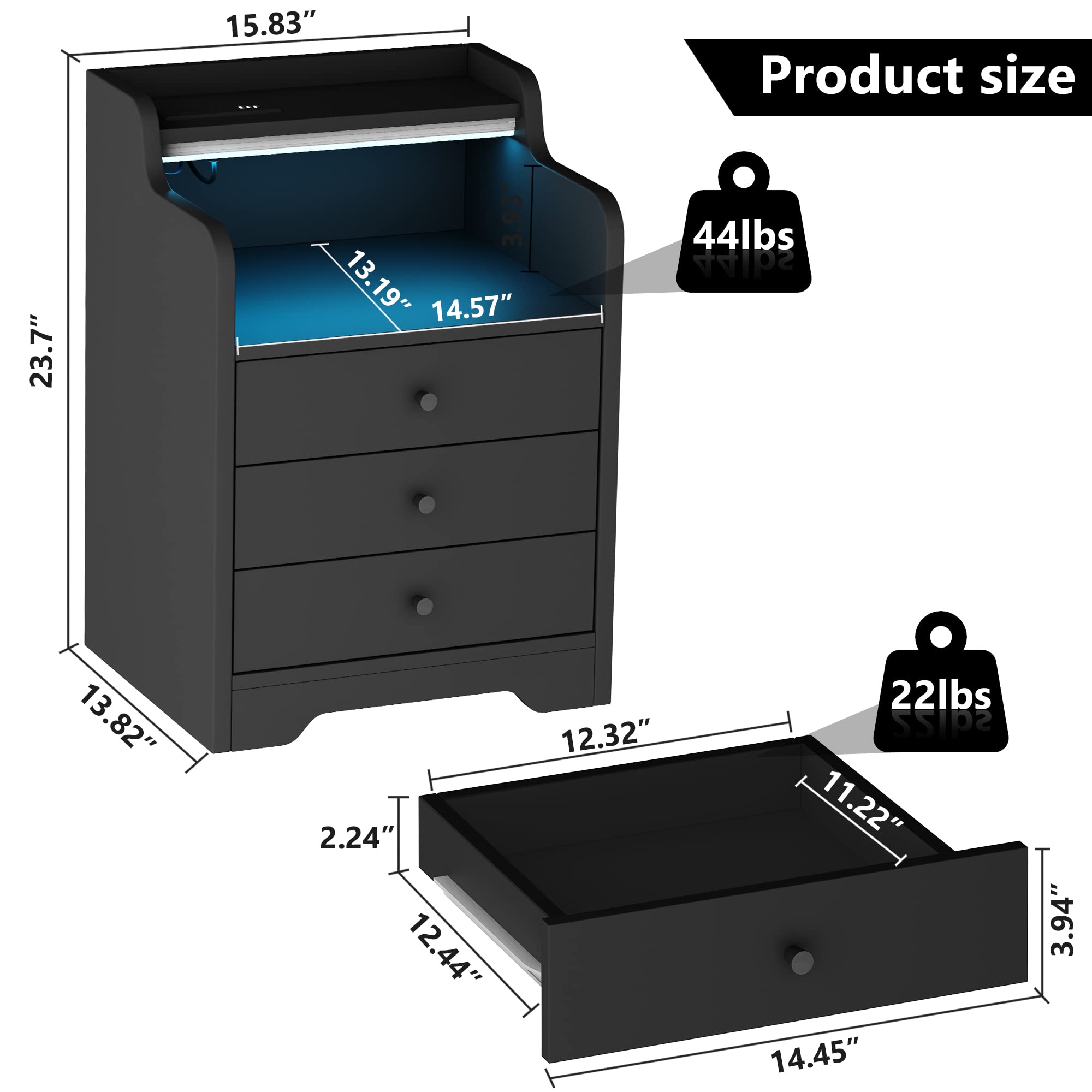 Gdvsclr Nightstand with Charging Station, Nightstand with LED Lights, 3 Drawers Bedside Table for Bedroom/Dormitory, Led Nightstand with Open Storage Shelf, 3 USB Ports & 2 Outlets, Black