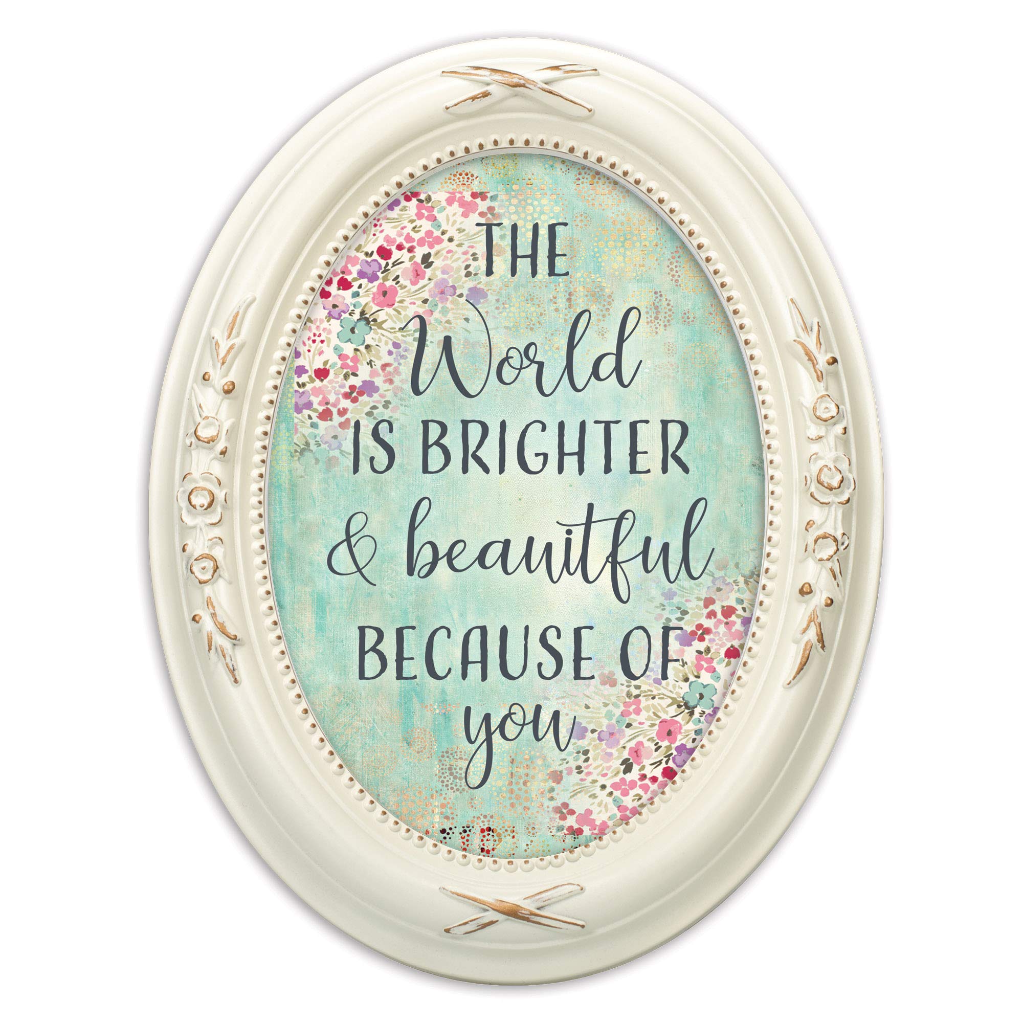 Cottage Garden You Make The World Bright Distressed Ivory Floral 5 x 7 Oval Table Top and Wall Photo Frame