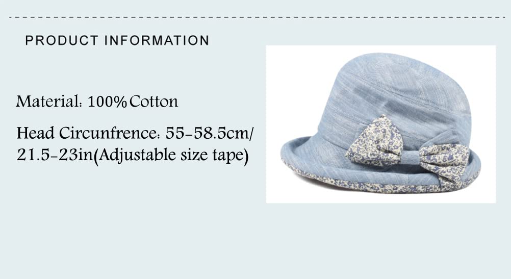 CACUSS Women's Foldable Floral Bucket Hat Rolled Brim with Bowknot Blue