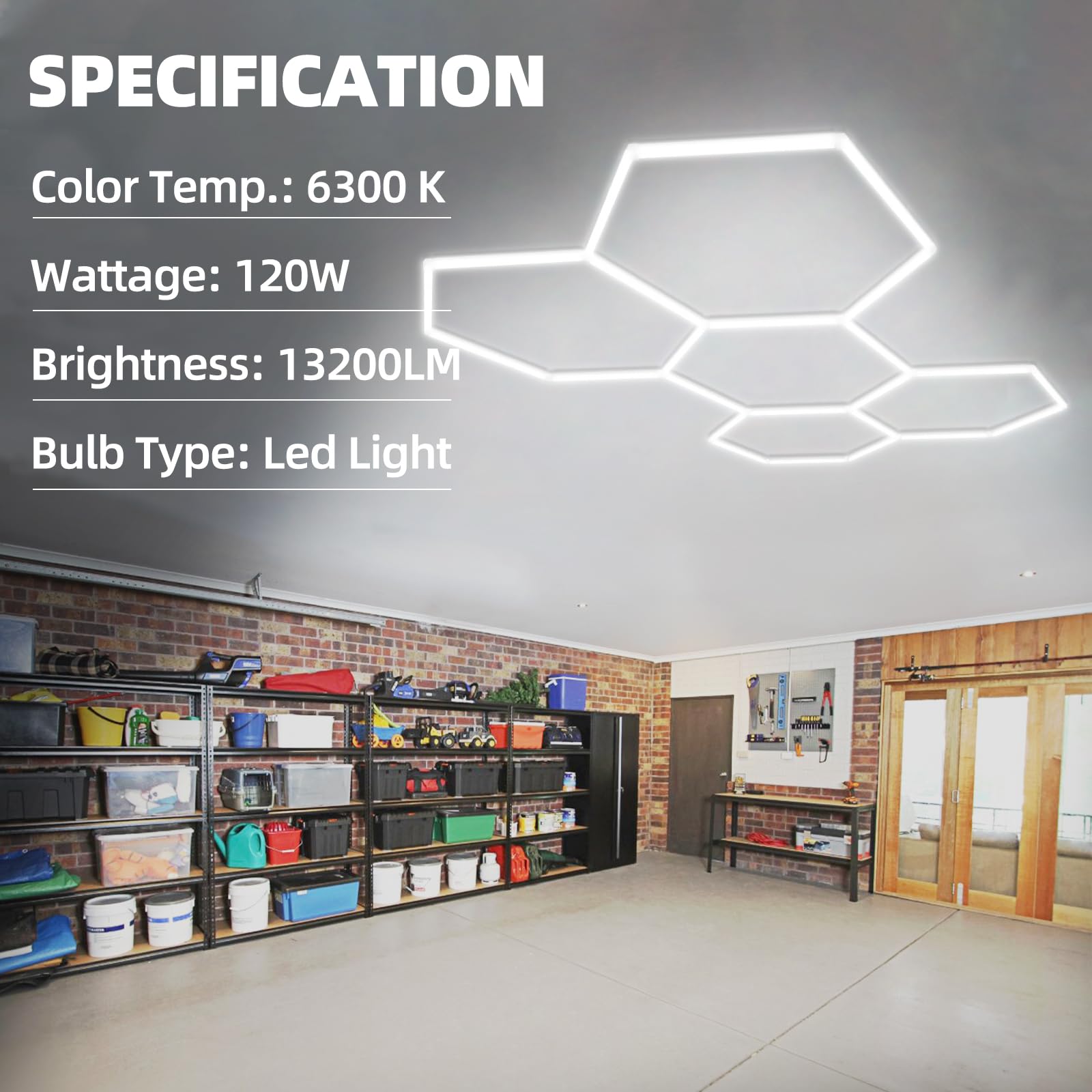 GooComfy Modern Hexagon LED Garage Light Fixture, 120W 13200LM 25 Pack Honeycomb Ceiling Light for Garage, Basement, Gaming Room, Warehouse, Gym, 5 Hexagon