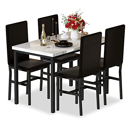 Hooseng Dining Table Set for 4- Space Saving Kitchen Table and Chairs for 4, Modern Style Faux Marble Tabletop & 4 PU Leather Chairs, Perfect for Dining Room,Breakfast Corner Small Spaces,Brown&White