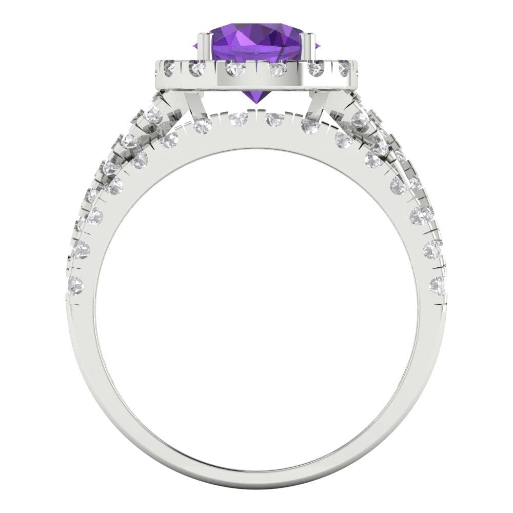 Clara Pucci 2.34 carat Round Shape Halo Solitaire Natural Amethyst Engagement Wedding Anniversary Bridal Ring band set 14k White Gold 6.5