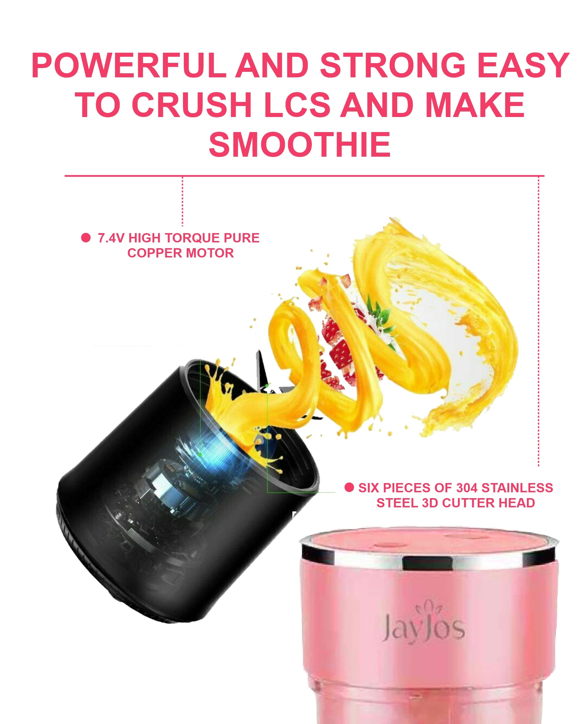 JayJos Portable Blender Smoothie Juicer Cup USB Rechargeable Home Travel Personal Mini size, Electric Powerful Sports (Pink)