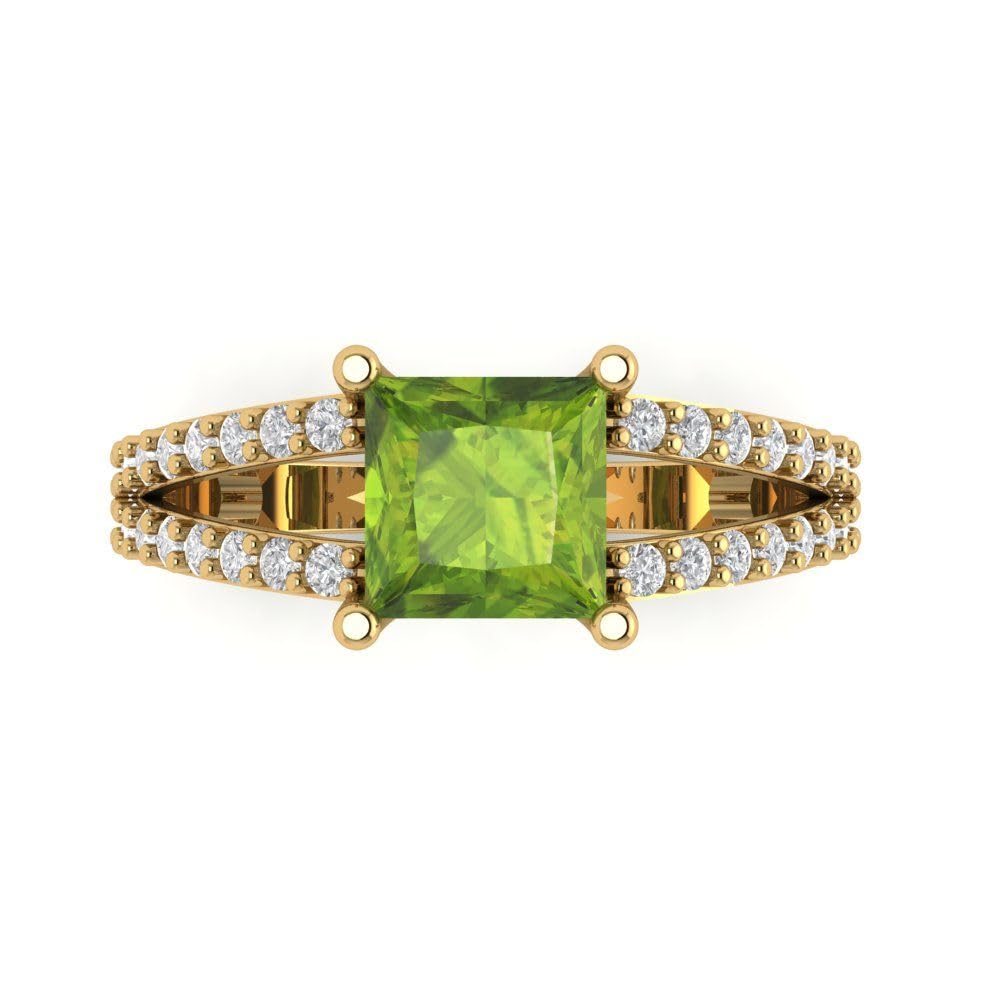 Clara Pucci 2.39ct Princess Cut Solitaire split shank Genuine Natural Pure Green Peridot designer Modern Statement Ring 14k Yellow Gold