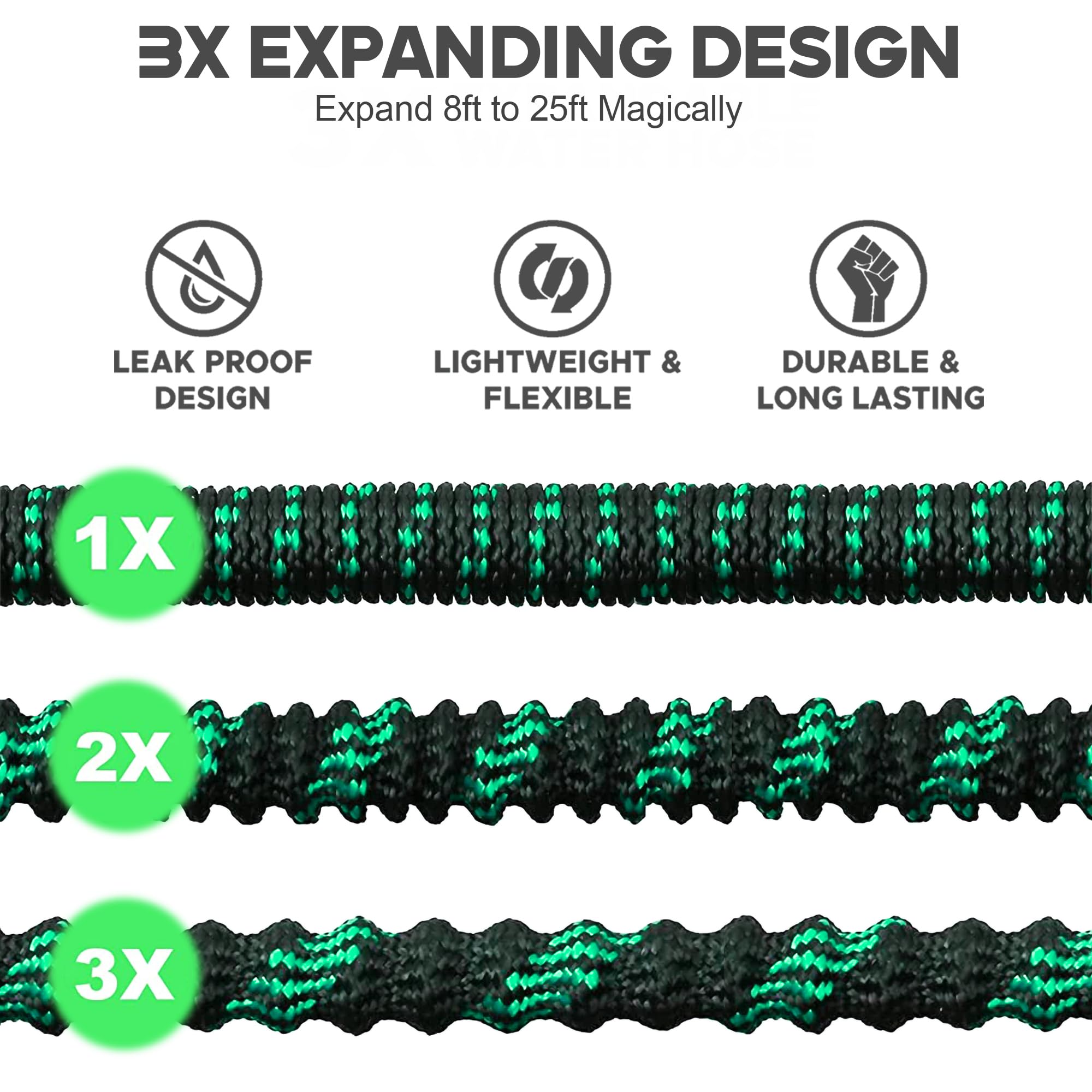 Expandable Garden Hose 25 ft Water Hose with 10 Function Spray Nozzle, Lightweight Flexible Hose with 3/4 Inch Solid Fittings and 5-Layer Latex Core, 25ft Retractable Stretch Hose (Black & Green)
