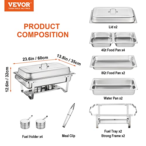 Mophorn Chafing Dish Buffet Set, 8 Qt 2 Pack, Stainless Chafer w/ 2 Full & 4 Half Size Pans, Rectangle Catering Warmer Server w/Lid Water Pan Folding Stand Fuel Tray Holder Clip