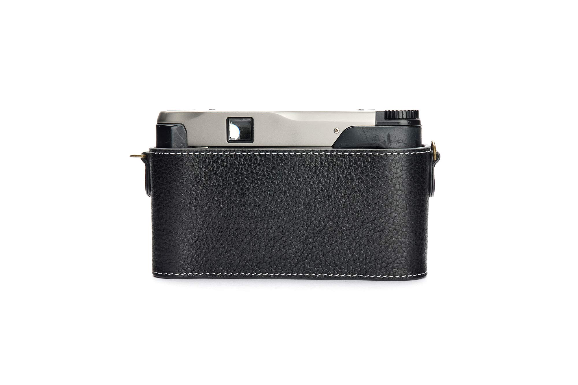 Contax TVS II Case, BolinUS Handmade Genuine Real Leather Half Camera Case Bag Cover for Contax TVS II Camera with Hand Strap (Black)