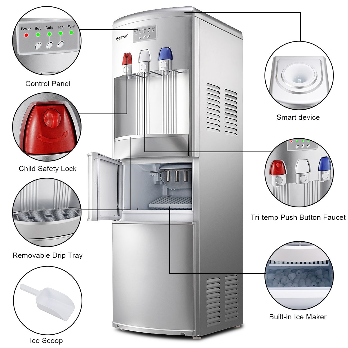 COSTWAY 2-in-1 Water Cooler Dispenser with Built-in Ice Maker, Freestanding Hot Cold Top Loading Water Dispenser, 27Lbs/24H Ice Maker Machine with Child Safety Lock, Silver