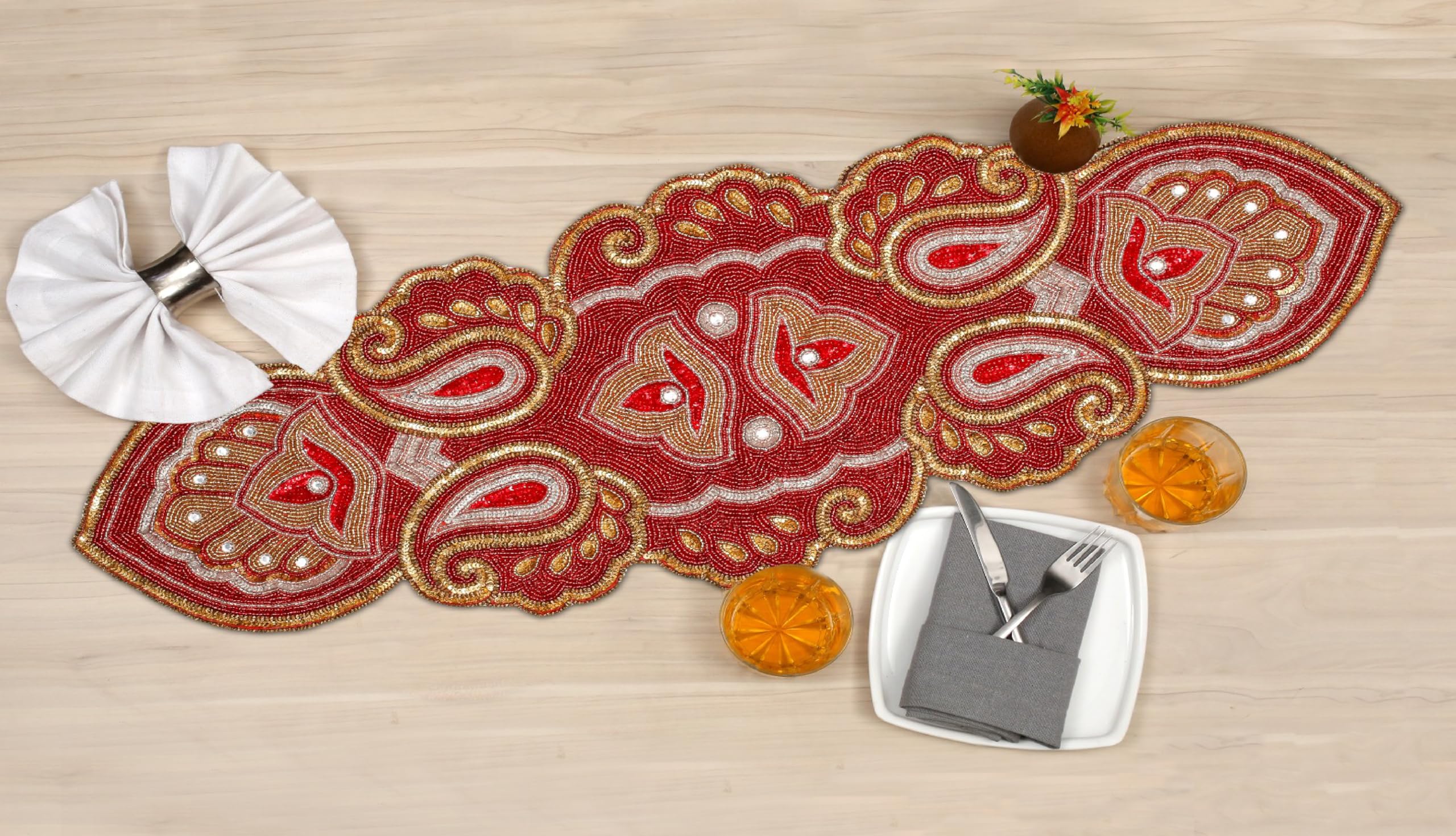Christmas Red Table Runner, Christmas Beaded Table Runner, Glitz Beaded Table Runner - Table Mat for Harvest Xmas Easter Thanksgiving Wedding Family Party Decoration - 13x36 Paisley - Maroon Gold
