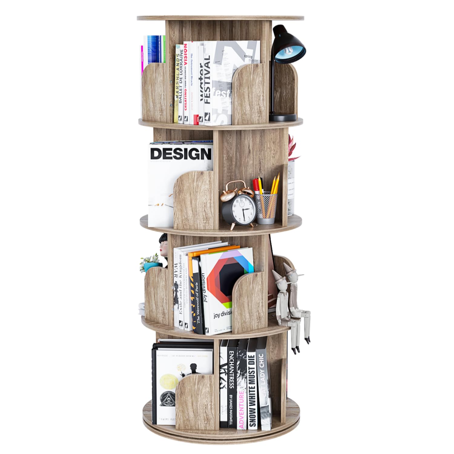 GOOFCXO 4 Tier Rotating Bookshelf, 360° Revolving Bookcase Wood Rotating Stackable Shelves Floor-Standing Storage Display Rack Used in Bedrooms Living Rooms Study Office (52"x18"x18")