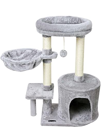 KIYUMI Cat Tree Cat Tower Condo with Sisal Scratching Post for Indoor Cats Cat Tree Cat Furniture with Hammock Perch and Kitten Ball Toys, Multi-Level Pet Activity Center