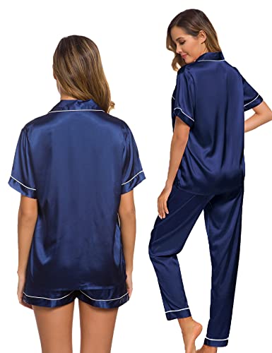 SWOMOG Women's 3 Pcs Pajamas Sets Silk Satin Sleepwear Button Down Loungewear Short Sleeve Shirt Pjs Navy Blue