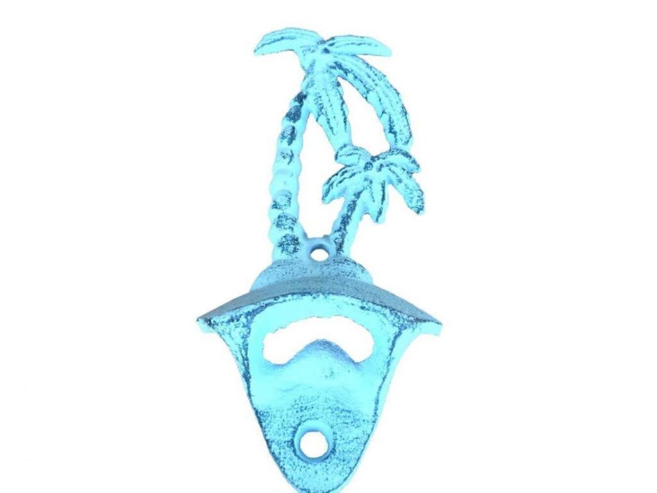 Handcrafted Nautical Decor Rustic Dark Blue Whitewashed Cast Iron Wall Mounted Palmtree Bottle Opener 6" -