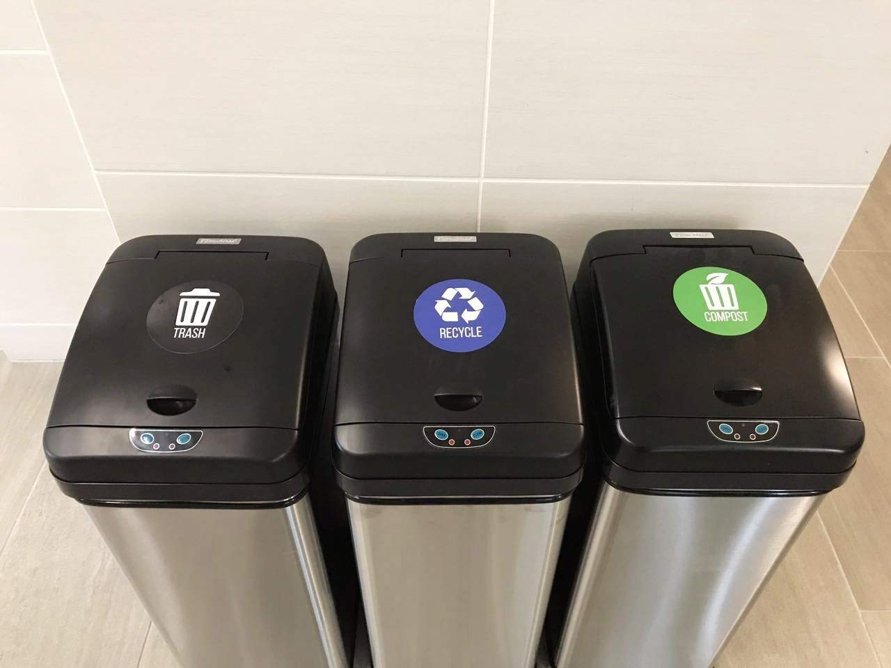 iTouchless Trash Stickers Premium Vinyl Decals for Trash Can; 3" Round Waterproof, Reusable (Set of 3); Indoor/Outdoor