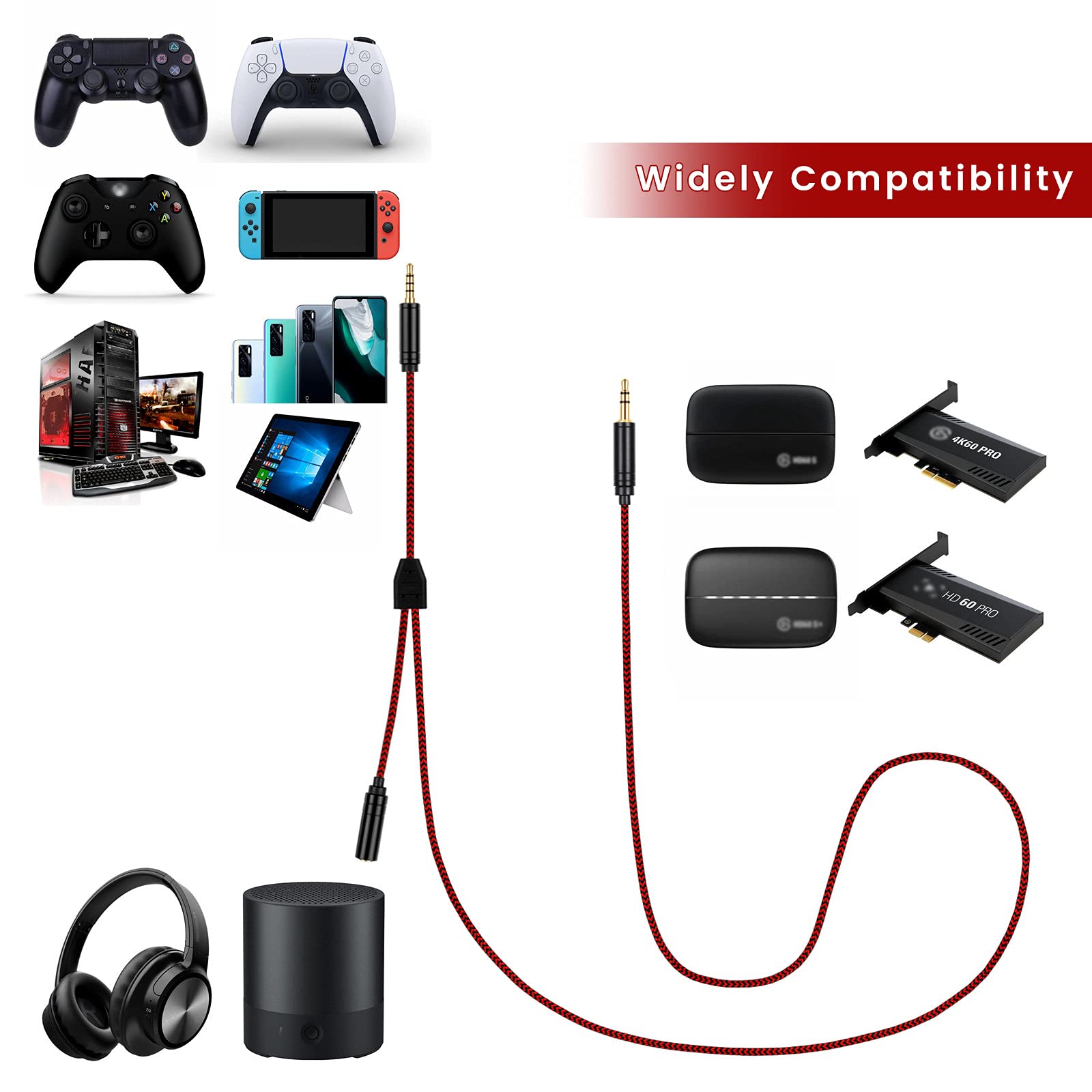 weishan HD60 S Chat Link Audio Cable Replacement for Elgato HD60 S+, HD60PRO, 4K60 PRO Capture Card, Gaming Capture Record Cord Works on PS5 PS4 Xbox One X/S, Red Braided 6.6ft
