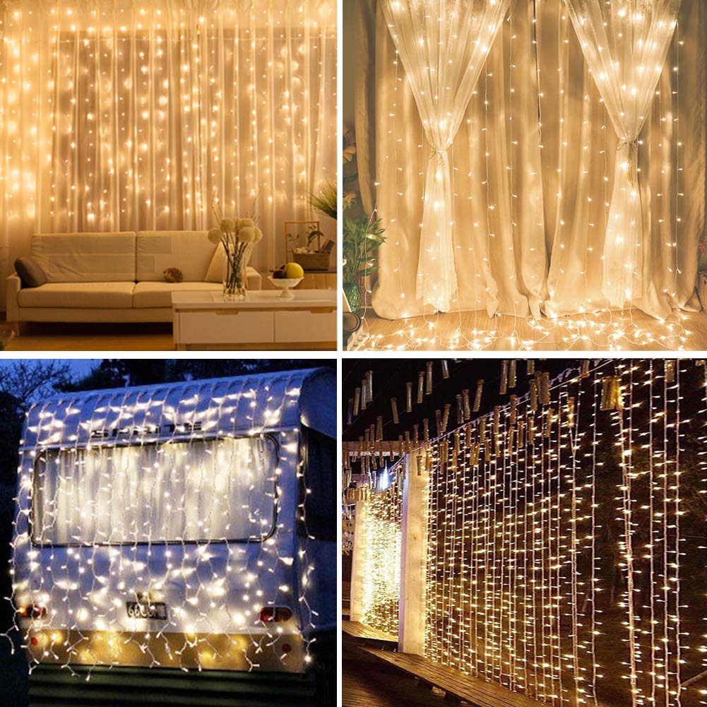 Twinkle Star 300 LED Window Curtain String Light for Christmas Wedding Party Home Garden Bedroom Outdoor Indoor Wall Decorations (Warm White)