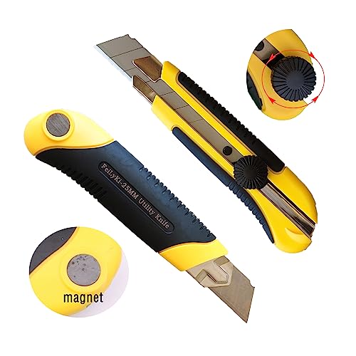 FeiLyKi 25MM Box Cutter Carpet knife Heavy Duty Utility Knife Ratchet Lock,9MM Aluminum alloy Exacto Knife Retractable,2Pack SK5 Snap Off blades-2061