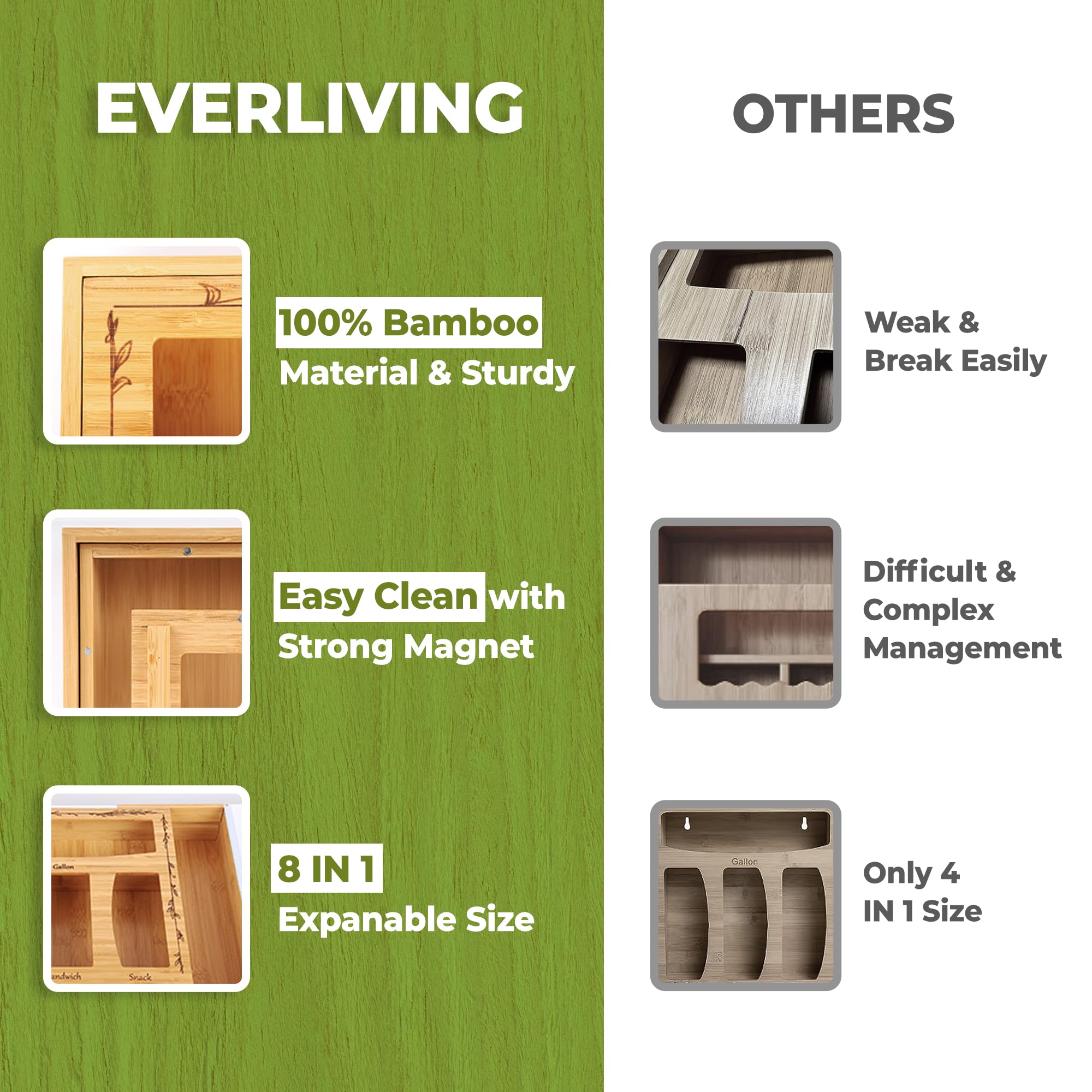 EVERLIVING Bamboo Ziplock Bag Organizer for Drawer & Countertop β Convenient 6-Slot Plastic Bag Organizer β Aluminum Foil Organization and Storage with Cutter β Ziplock Bag Storage Organizer