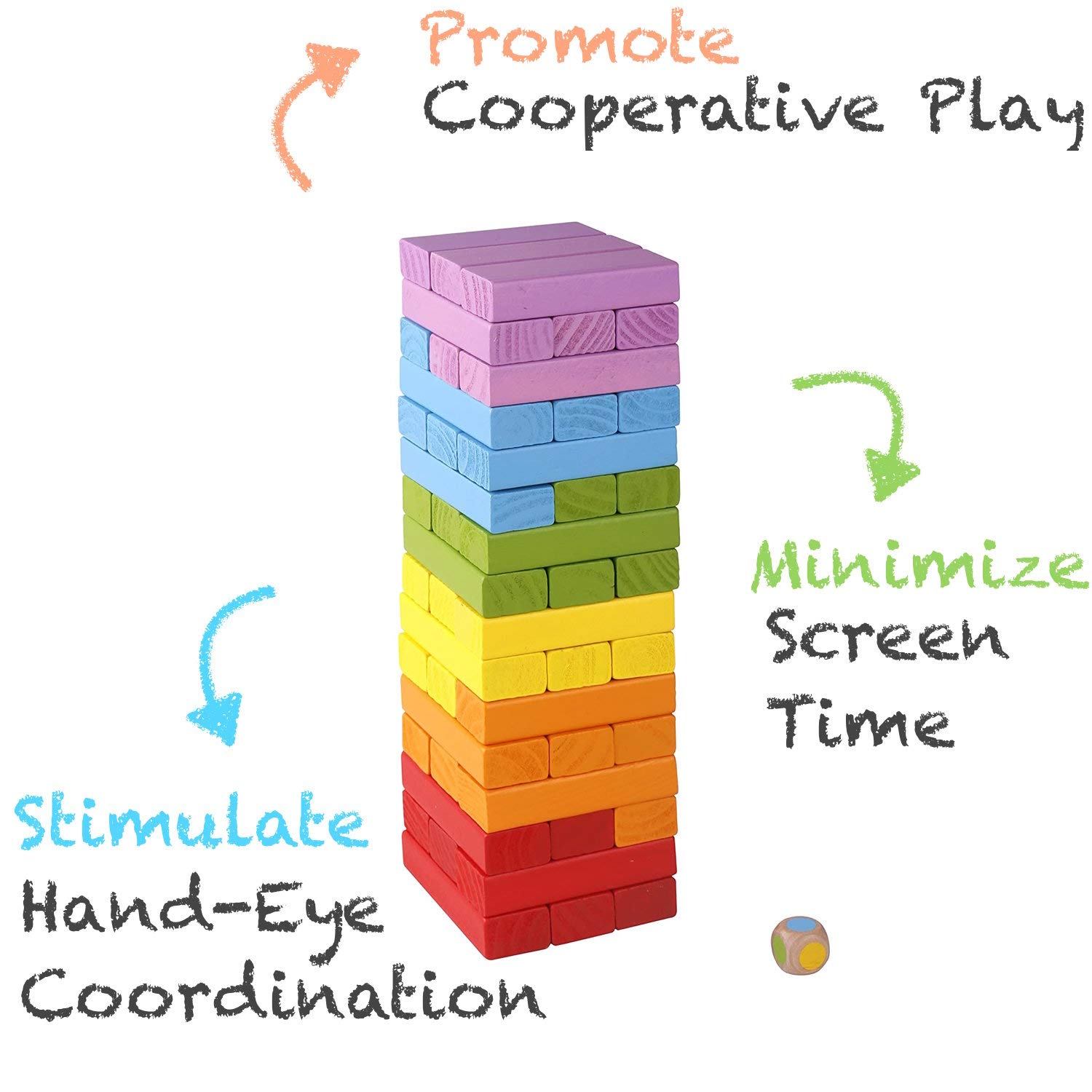 Pidoko Kids Wooden Stacking Building Blocks (49 Pcs) - Colorful Tumbling Blocks Board Games for Family Game Night - Montessori Toys Gifts, includes Storage Bag