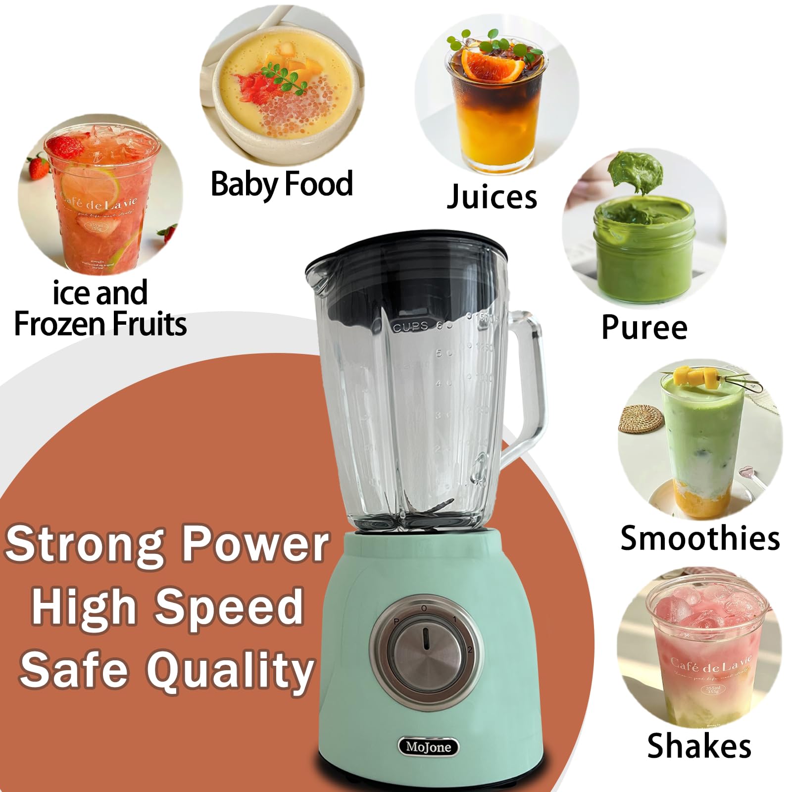 MoJone Powerful Kitchen blender, Ice Crusher Mixer, 1.5LG 50oz Glass Jar, 6 pieces 304 stainless steel blades,21000RPM high speed,ABS Body safely blending with longer lifespan (red)