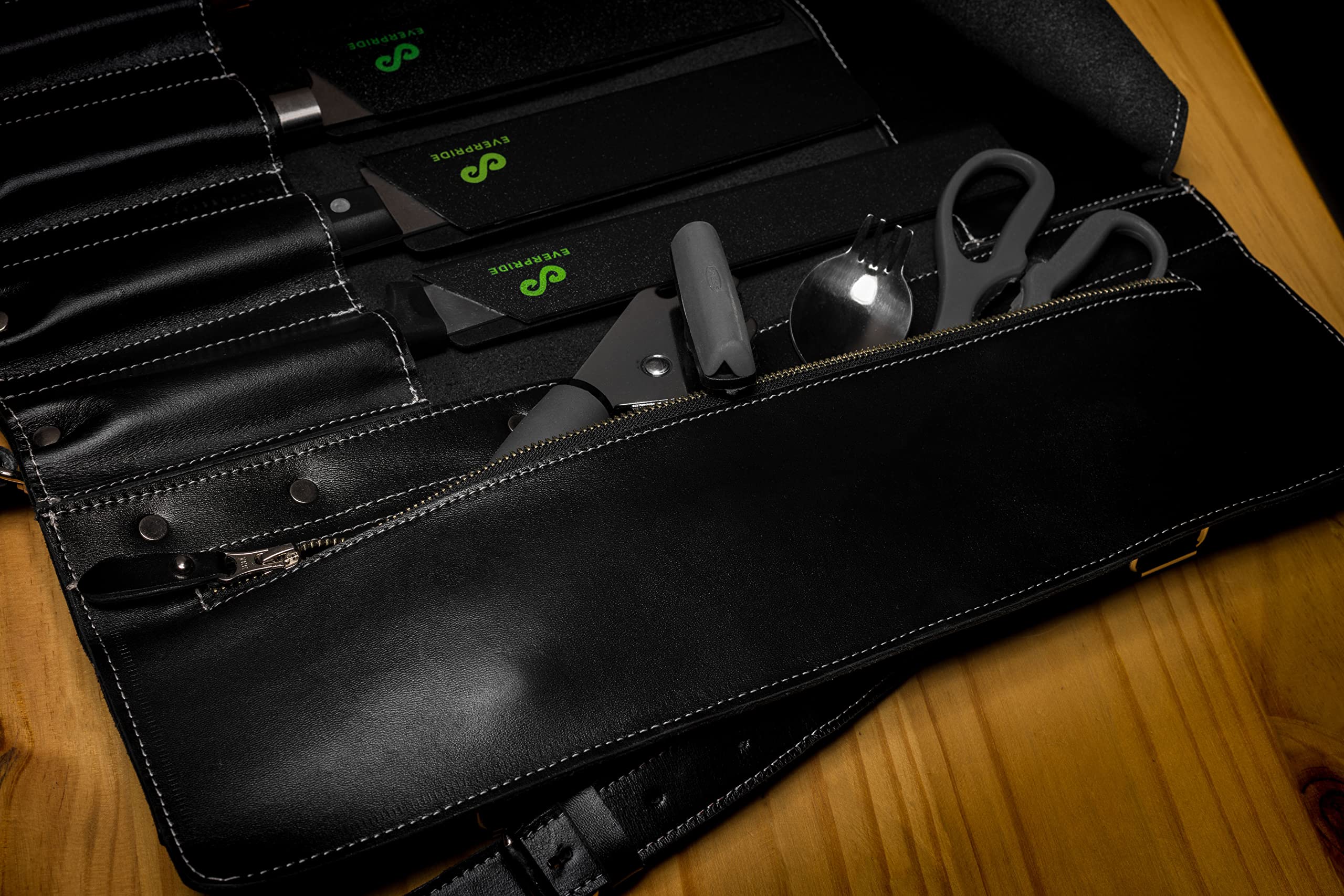 EVERPRIDE Chef Knife Roll Bag Made of Genuine Top Grain Leather β Knife Bag Holds 10 Knives up to 18β PLUS Zippered Compartment for Cooking Accessories β Knives Not Included
