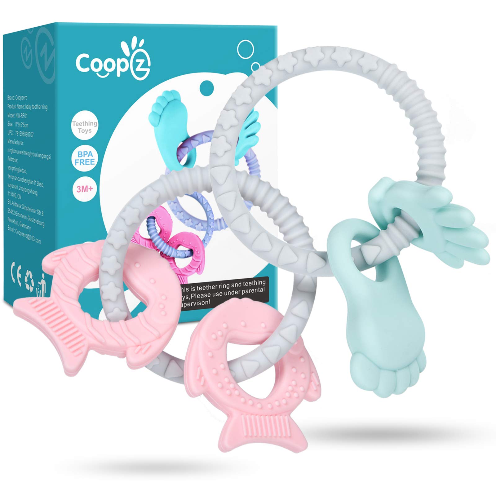 Coopzero Baby Teether Rattles (2 Pack),Teething Toys,Baby Teething Chew Toys,The Surface Raised Textures Perfect for Soothing Gums for Ages 3 Months and Up,Easily Hold,BPA Free