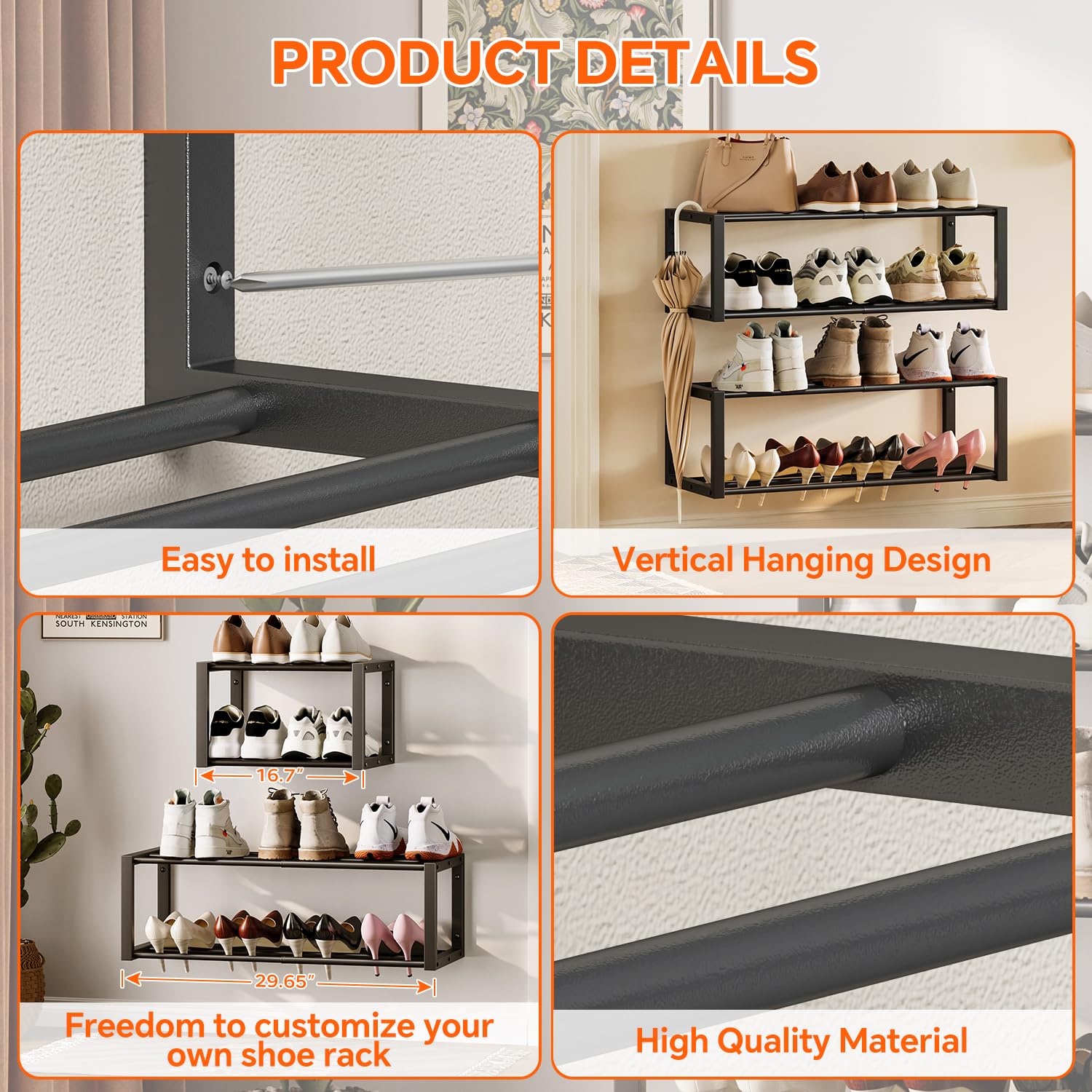 Homeiju Hanging Shoe Organizer,2 Pack Wall Mounted Shoe Rack Holds 12 Pairs,Space Saving Metal Wall Shoe Rack,Hanging Shoe Rack Shoe Holder for Small Space,Entryway,Closet,RV,Camper(Black