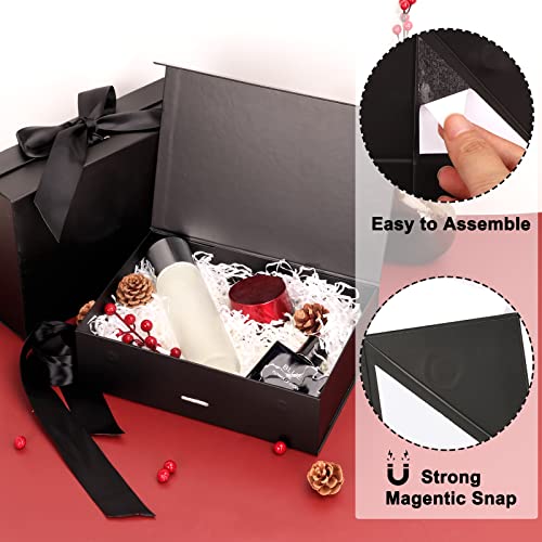 Moretoes 2 PCS Black Gift Boxes with Lids for Presents, Gift Boxes with Ribbon and Magnetic Closure for Christmas, Mother's Day, Holidays, Father's Day, Birthdays(10.5x7.5x3.1 Inches)