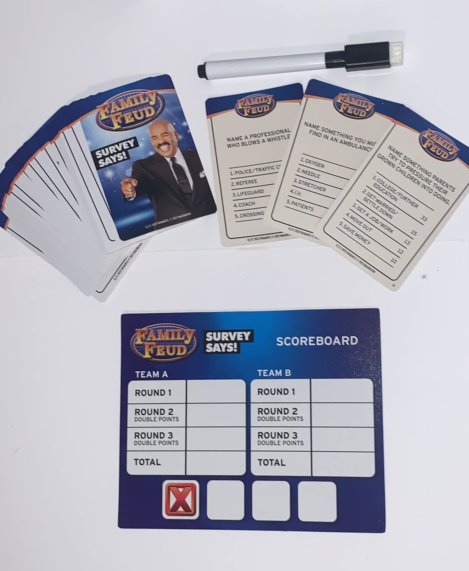 Family FEUD Survey Says Edition Card Game, Steve Sticker Bundle, Complete with Hundreds of Survey Questions, Complementary App with Sound Effects from The Show