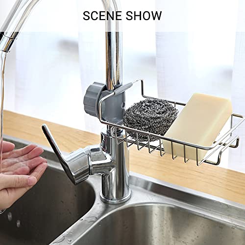 SooGree Kitchen Sink Organizer Over Faucet Sponge Holder,304 Stainless Steel Heavy Duty Thickening Hanging Faucet Drain Rack for Scrubbers,Soap,Bathroom,Detachable Storage Rack