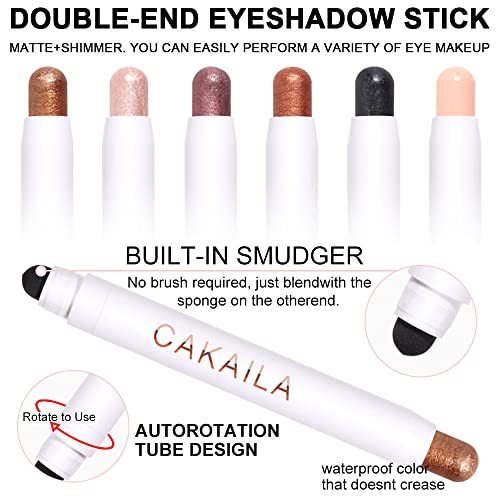 evpct 6Pcs 2 tone Eye Shadow Stick Makeup Set Waterproof Cream Eyeliner Crayon Set White Brown Gold Pink Dark Purple Bronzer Black Shimmer Eye Brightener Pencil Highlighter
