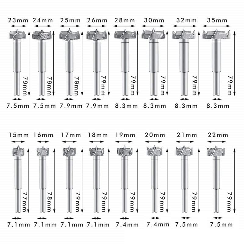 Forstner Drill Bit Set 16pcs 15-35mm Punching Bit Wood Slabs Flat Wing Drilling Hole Hinge Cemented Carbide Drilling Counterbore Flat Bit Drill Set Woodworking Hole Saw Wood Cutter Tool (16pcs)