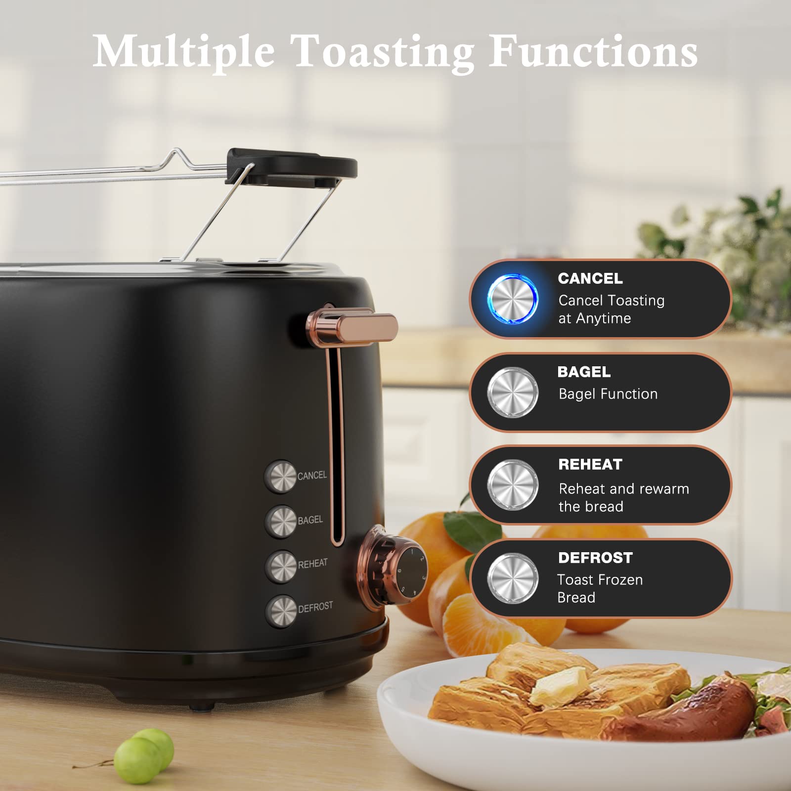 Evoloop Toaster 4 Slice, Stainless Steel Bread Toasters, 6 Bread Shade Settings, Reheat, Bagel, Defrost, Cancel Function, 1.5" Extra Wide Slots,Removable Crumb Tray(Black)