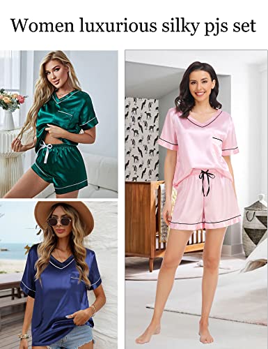 SWOMOG Womens Short Sleeve Satin Pajama Set Silk Pjs Lounge Set V Neck Two Piece Loungewear Sets Cute Cozy Sleepwear Rose Pink