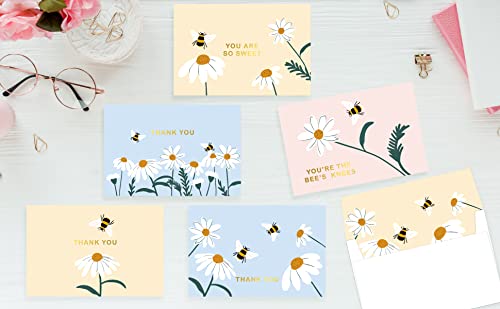 Gooji 4x6 Bee & Dasiy Gold Foil Thank You Cards (Bulk 20-Pack) Matching Peel-and-Seal Envelopes | Assorted Set, Watercolor, Birthday Party, Baby Shower, Weddings, Greeting, Blank Notes