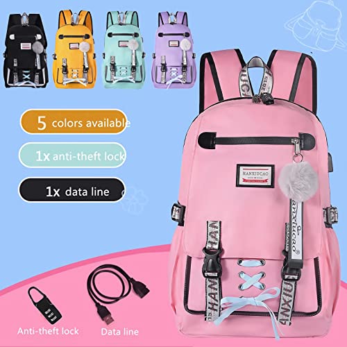 HANXIUCAO Kids Backpack Large Capacity Girls Backpack Teen Rucksack Female College Student Locked Schoolbag Anti-Theft Backpack with USB Charging Port (yellow)