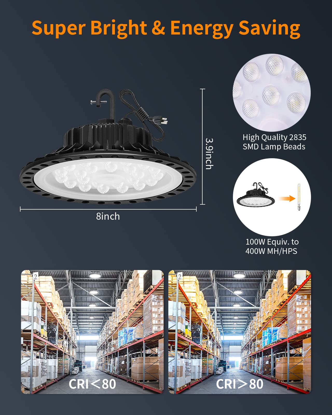 FAMURE LED UFO High Bay Light, 2Pack 100W 12000LM with Plug 5ft Cords Led 6000K Workshop Lighting IP65 Waterproof Outdoor Security Light led floodlight Garage Lighting LED Commercial Bay Lighting