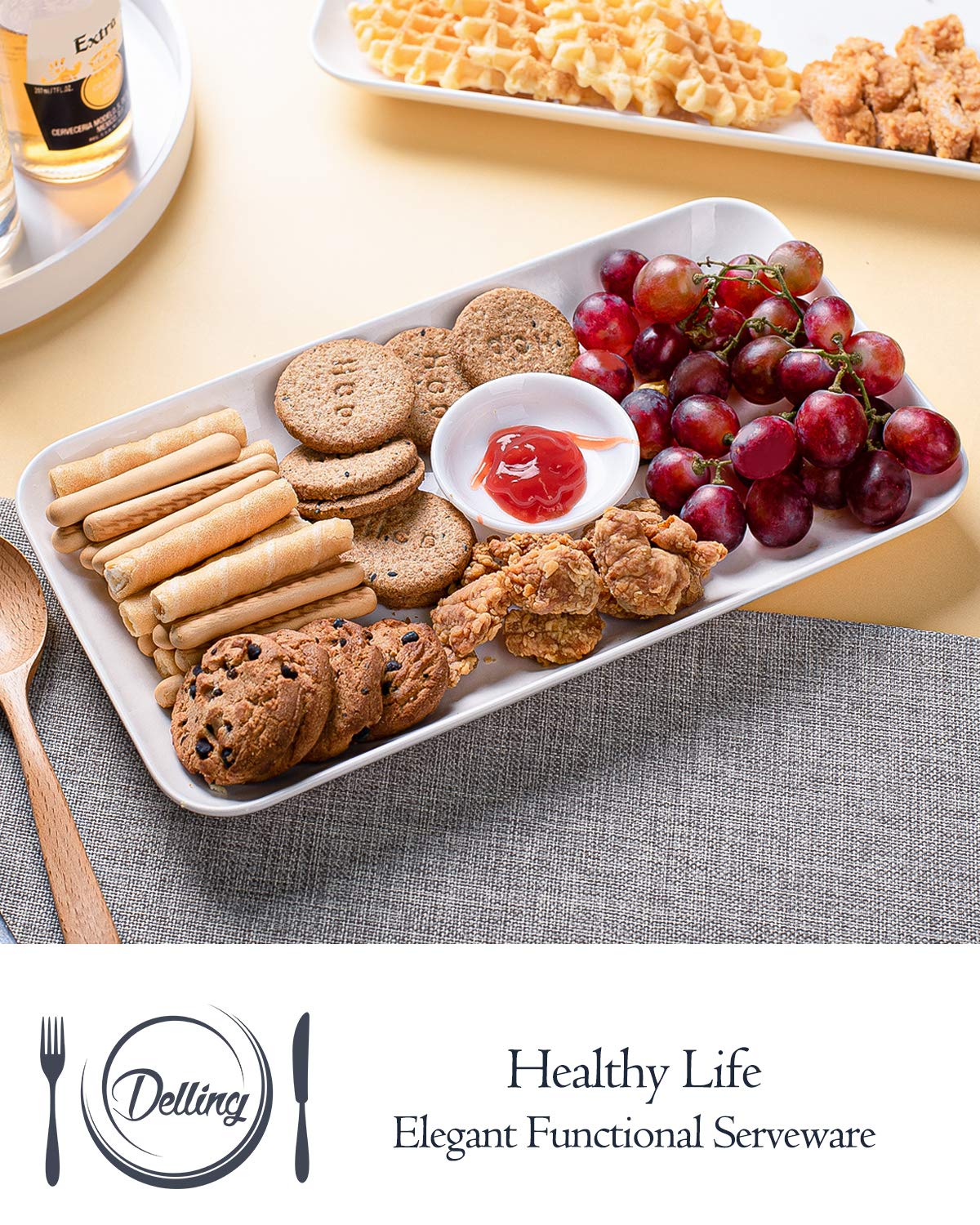 DELLING Large Serving Platter Set 12in White Rectangular Serving Plates/Salad Dish - Big Serving Trays for Parties Meat, Sushi, Dinner Plate Oven Safe Dinnerware Set of 3