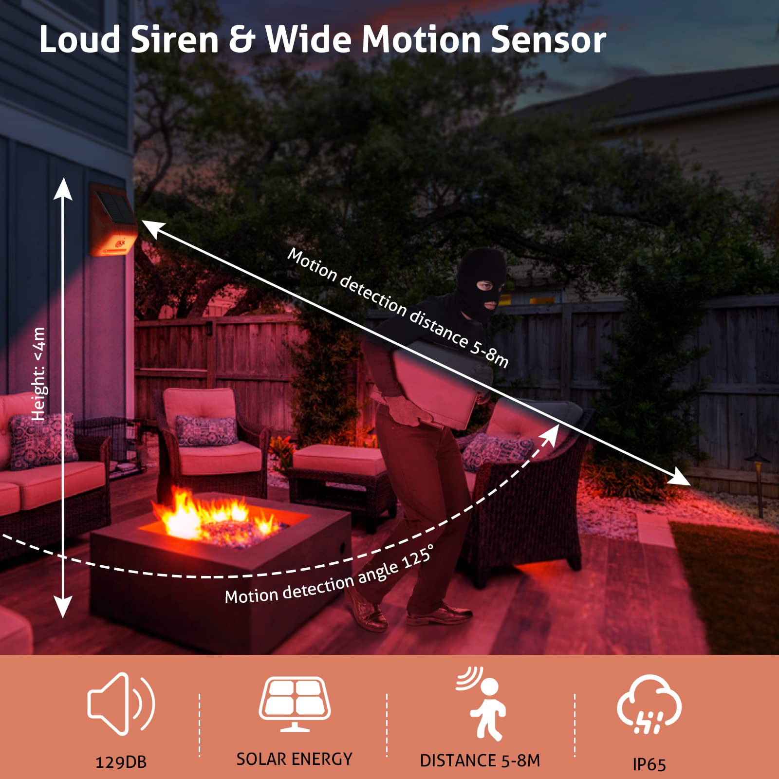 Outdoor Alarm Siren with Motion Detector Solar Alarm Light with Remote Controller 129db Sound Security Siren IP65 Waterproof 24 Hours & Night Mode for Home, Farm, Villa, Yard