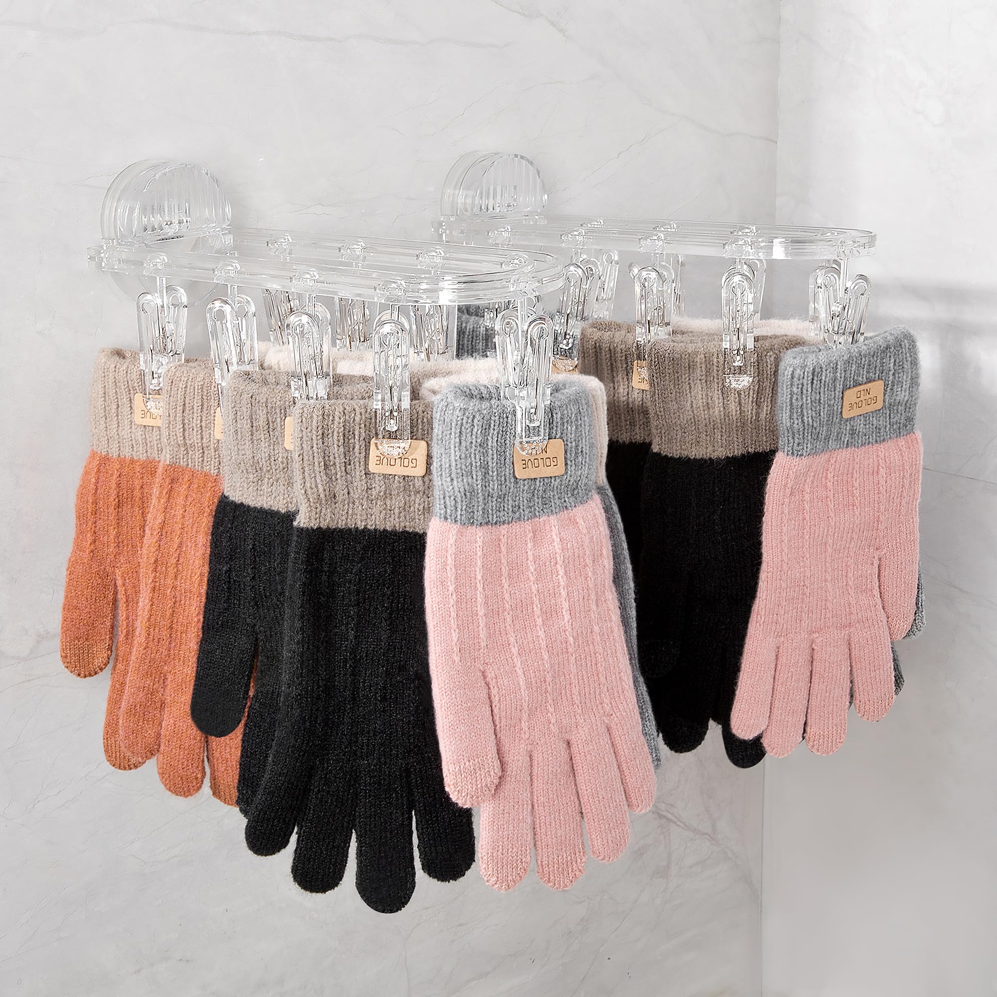 GOOUDO Clothes Drying Rack (2 Pack) Laundry Foldable Drip Hanger with 9 Clips, Wall Mounted Suction Cup Clothespins for Socks Gloves Towels