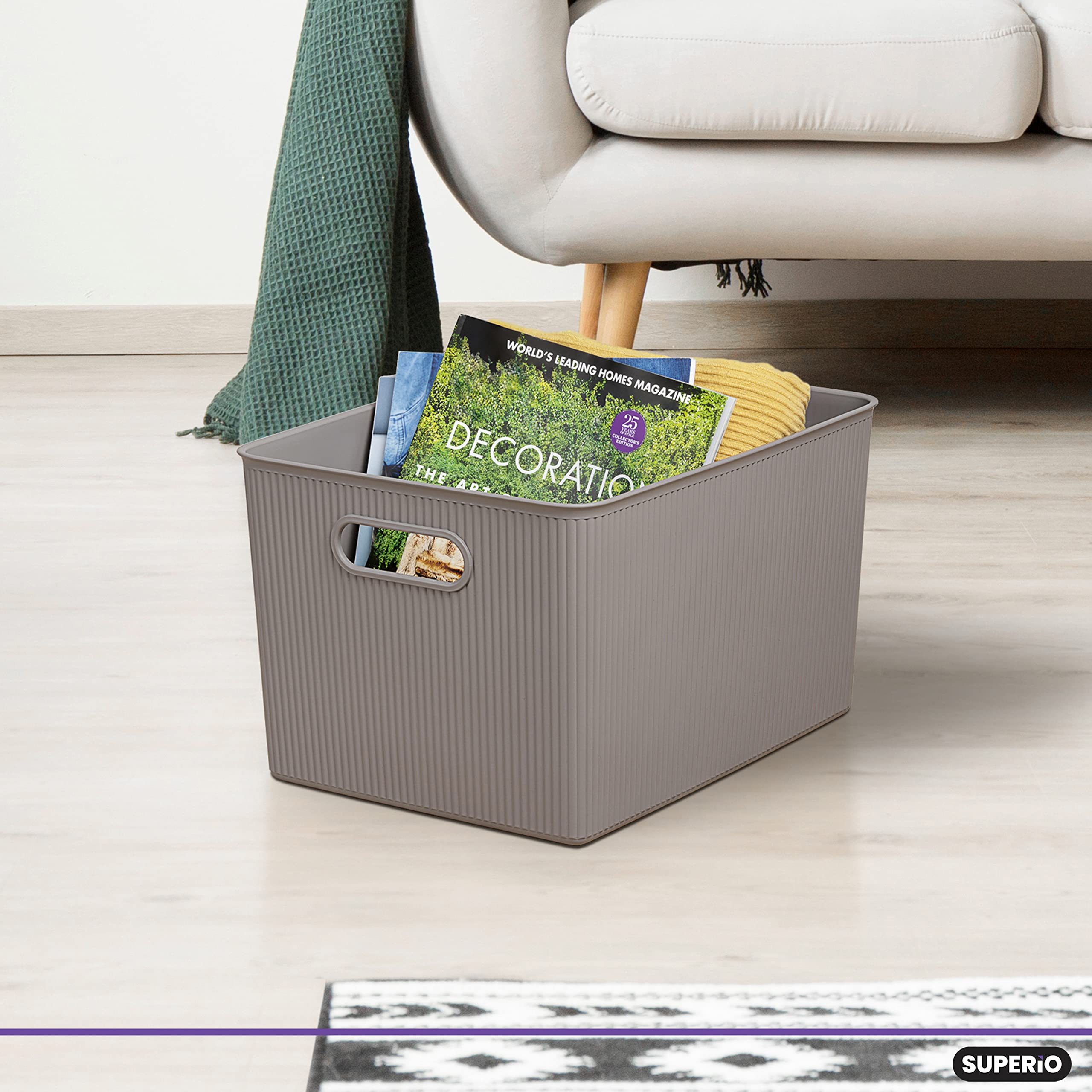 Superio Ribbed Collection - Decorative Plastic Open Home Storage Bins Organizer Baskets, X-Large Taupe (6 Pack) Container Boxes for Organizing Closet Shelves Drawer Shelf 22 Liter/23 Quart